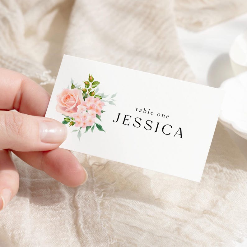 Editable Watercolor Pink Rose Name Place Cards 3.5 X 2 | Flower Romance ...