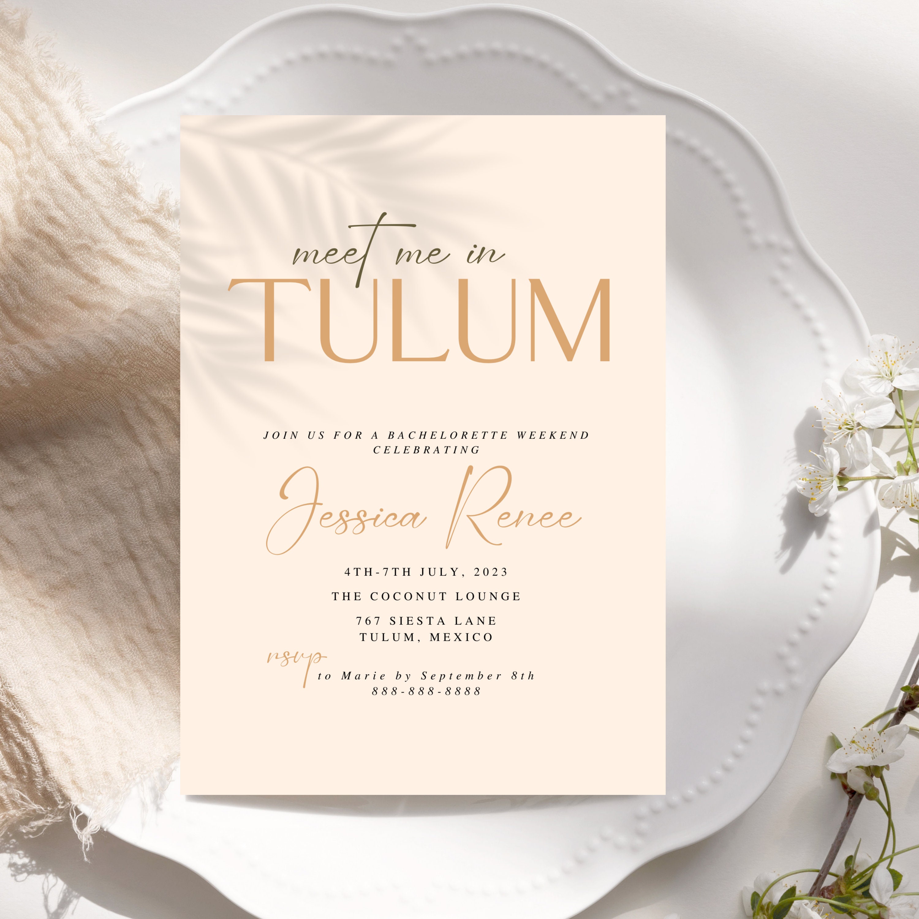 Meet Me in Tulum Bachelorette Party Printable Invite, Tan Beige Modern ...