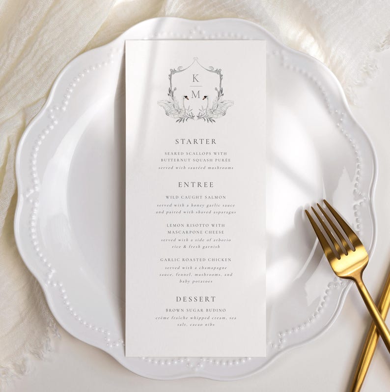 Editable Swan Crest Monogram Wedding Menu Event Menu Template Custom ...