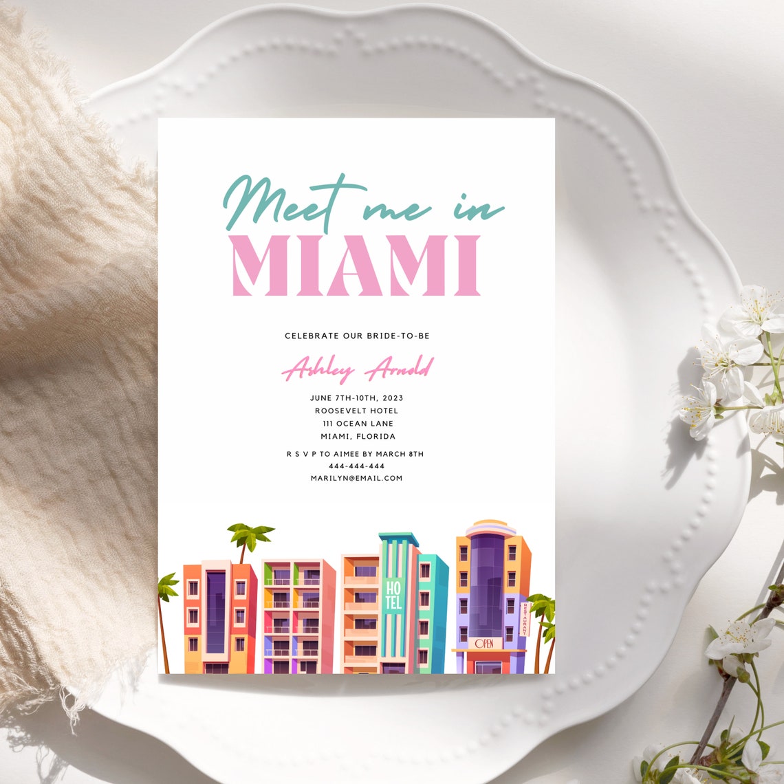 Meet Me in Miami Bachelorette Invitation, Bachelorette Party Itinerary ...
