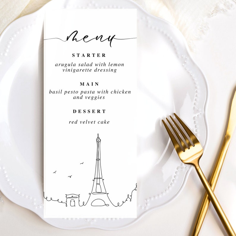 Paris Skyline Menu Parisian Eiffel Tower 4 X 9 Menu Printable Instant ...