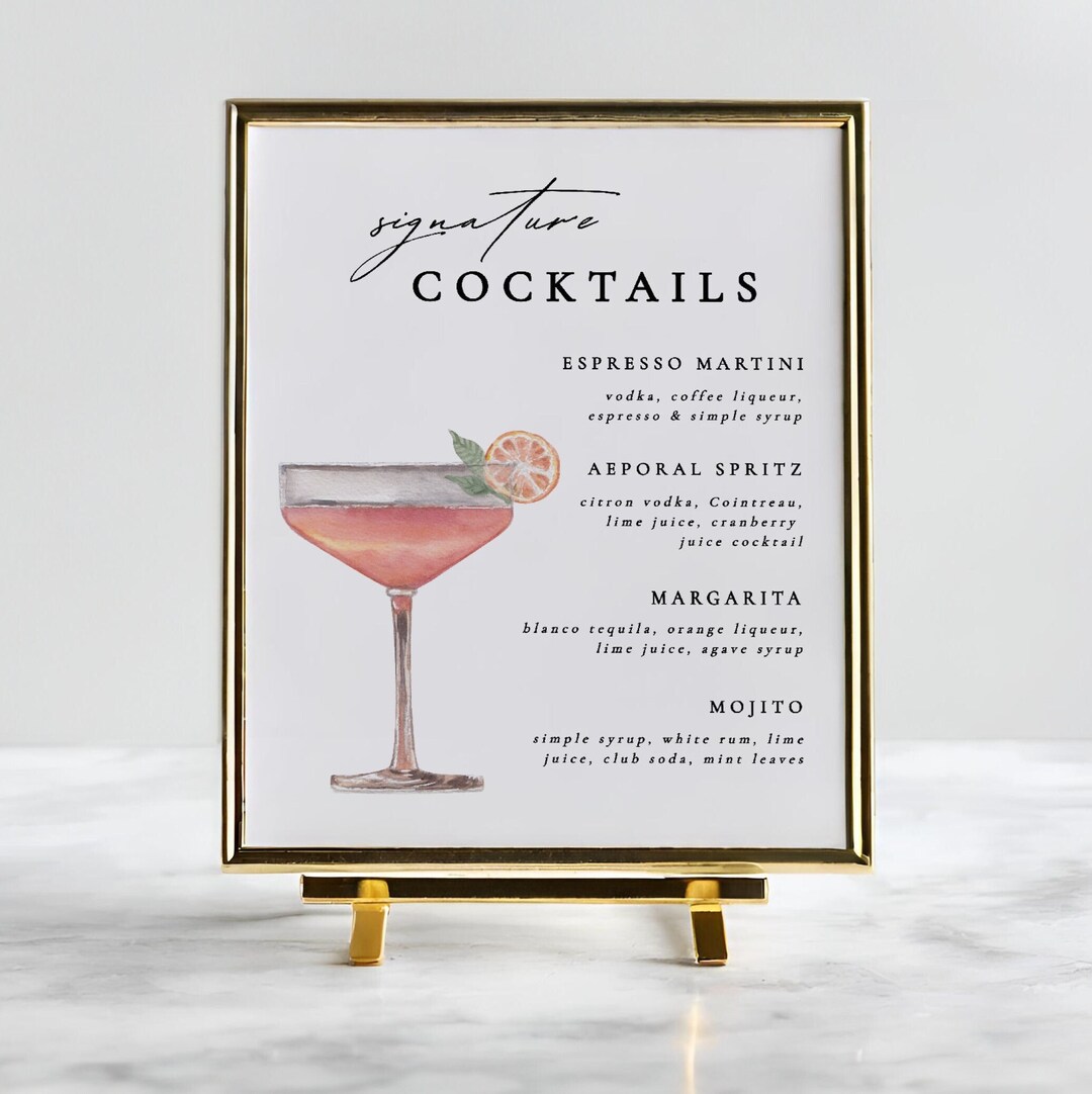Editable Simple Signature Cocktail Script Bridal Shower Wedding Bar ...