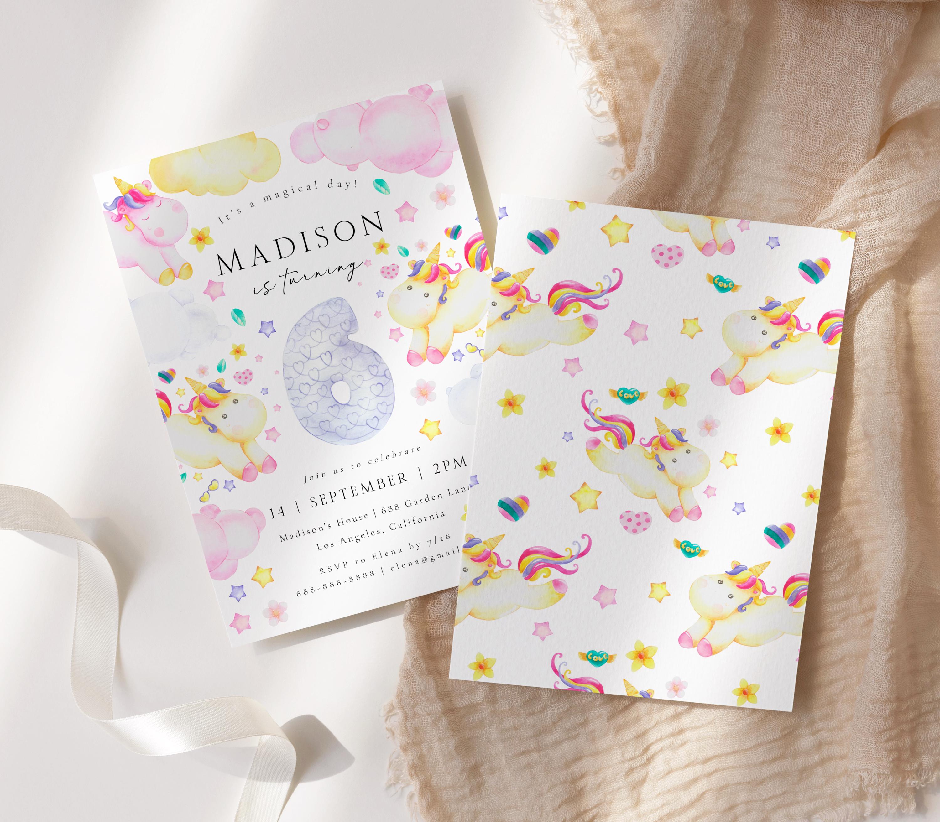Editable Magical Day Unicorn 6th Birthday Invitation Template | Turning ...