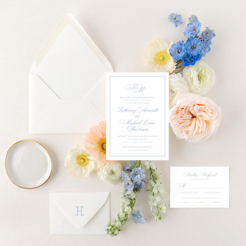 Editable Classic Blue Script Calligraphy Wedding Suite Invitation ...