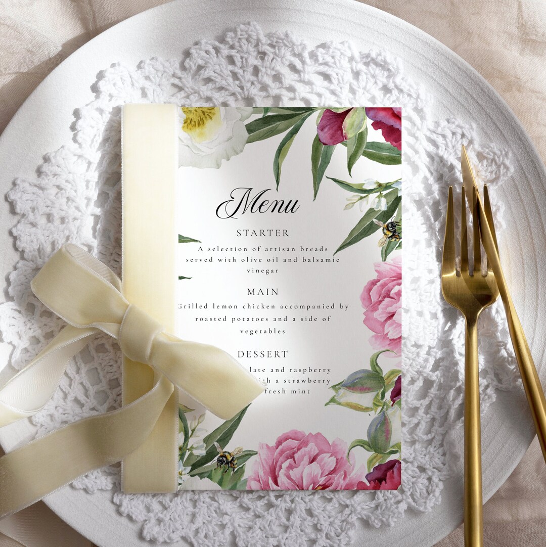 Editable Peony Border Menu Bridal Shower Wedding Event Menu Template ...