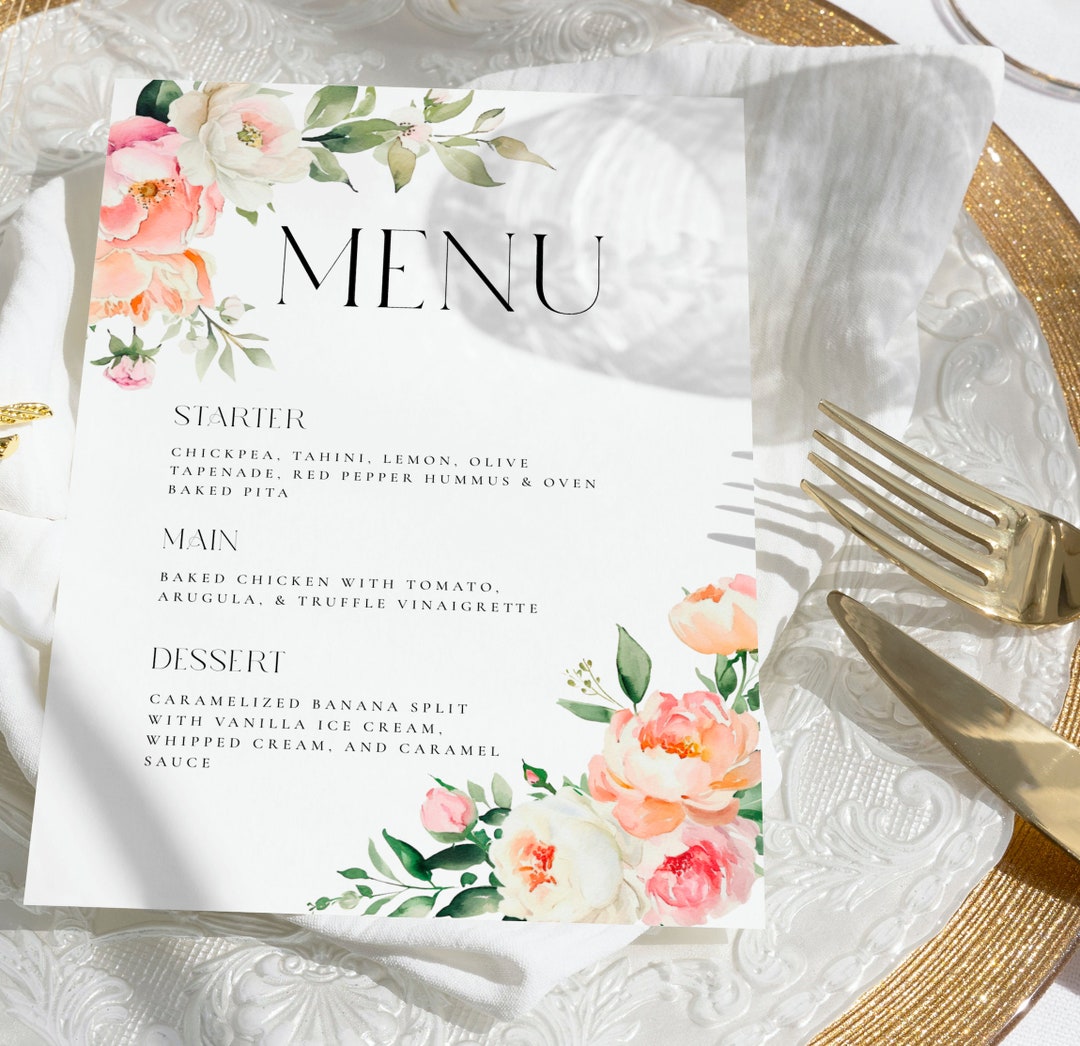 Editable Blush Peach Floral Bridal Baby Shower Wedding Event Menu ...