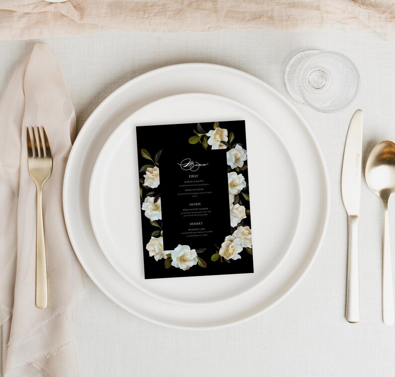 Editable Midnight Gardenia Black Floral Wedding Event Menu Template ...