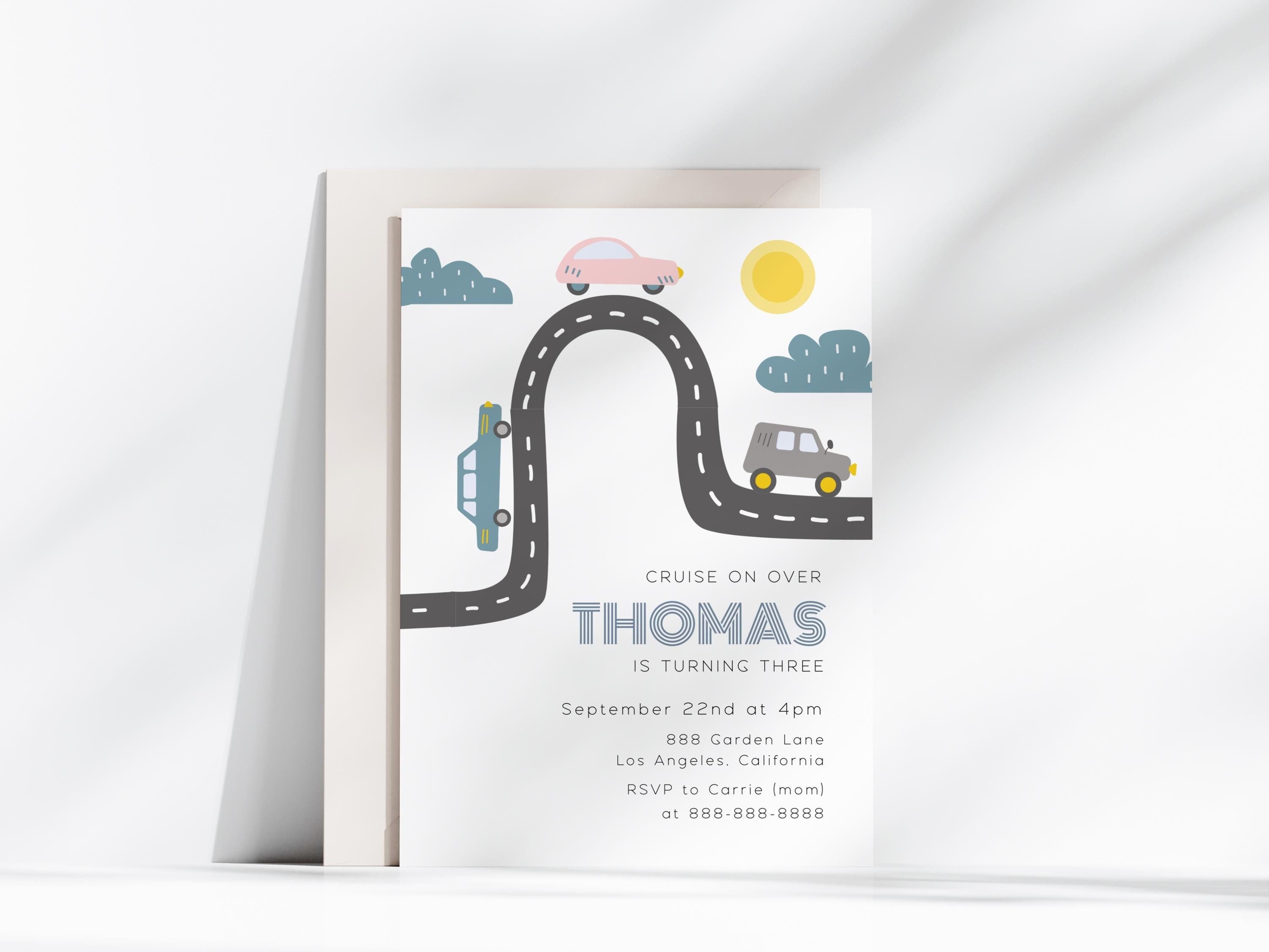 Editable Cars Travel Transportation Road Birthday Invitation Template ...