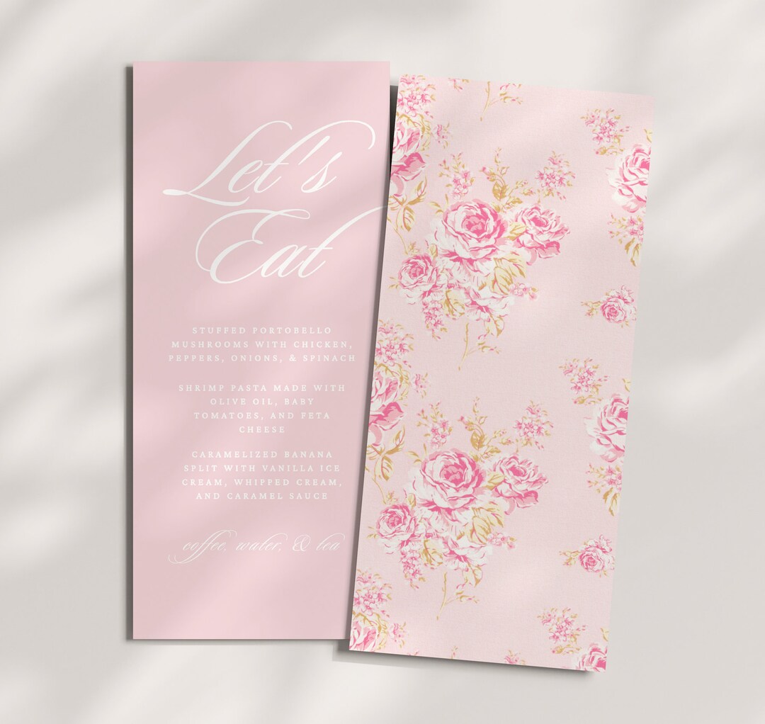 Editable Pink Let's Eat Menu Event Menu Template Shabby Chic Floral ...
