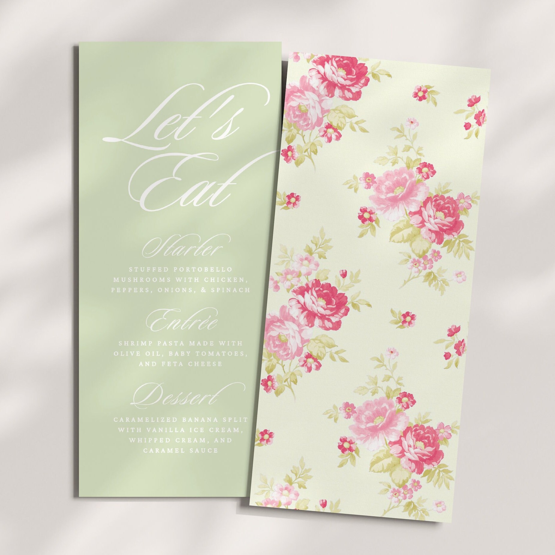 Editable Green Let's Eat Menu Event Menu Template Shabby Chic Floral ...