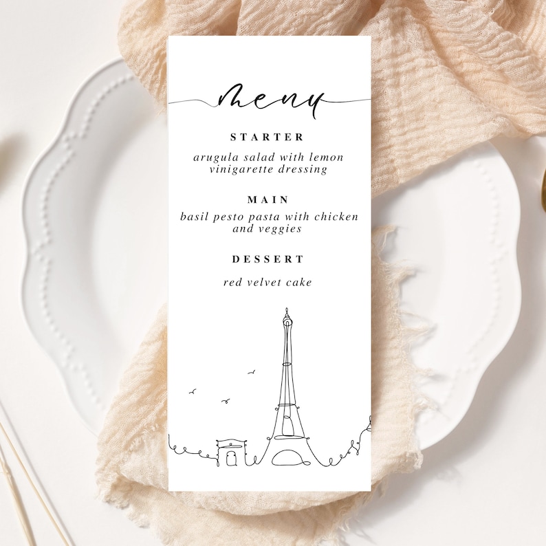 Paris Skyline Menu Parisian Eiffel Tower 4 X 9 Menu Printable Instant ...