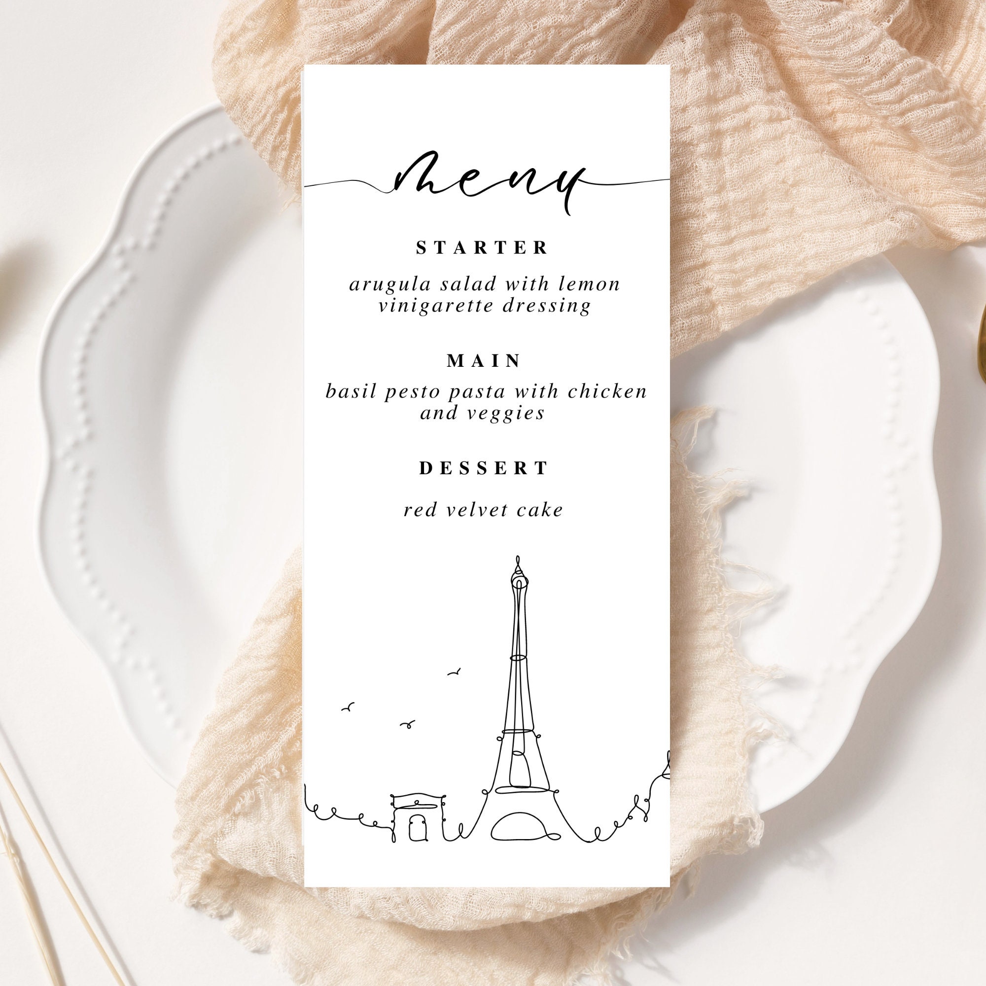Paris Skyline Menu Parisian Eiffel Tower 4 X 9 Menu Printable Instant ...