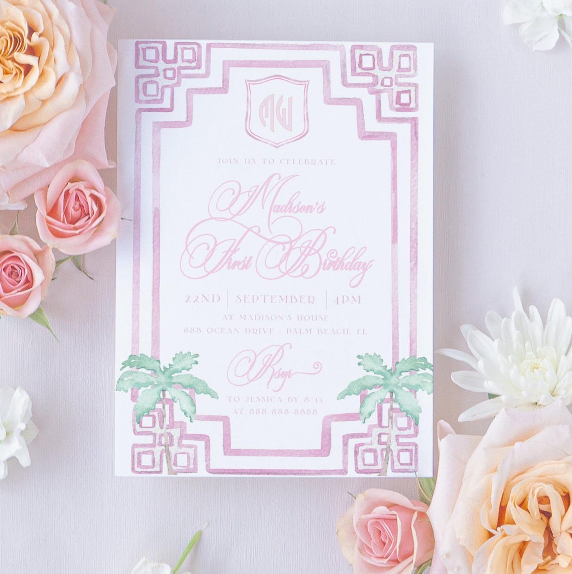 Editable Pink Palm Beach Turning One Baby Girl Birthday Invite Template ...