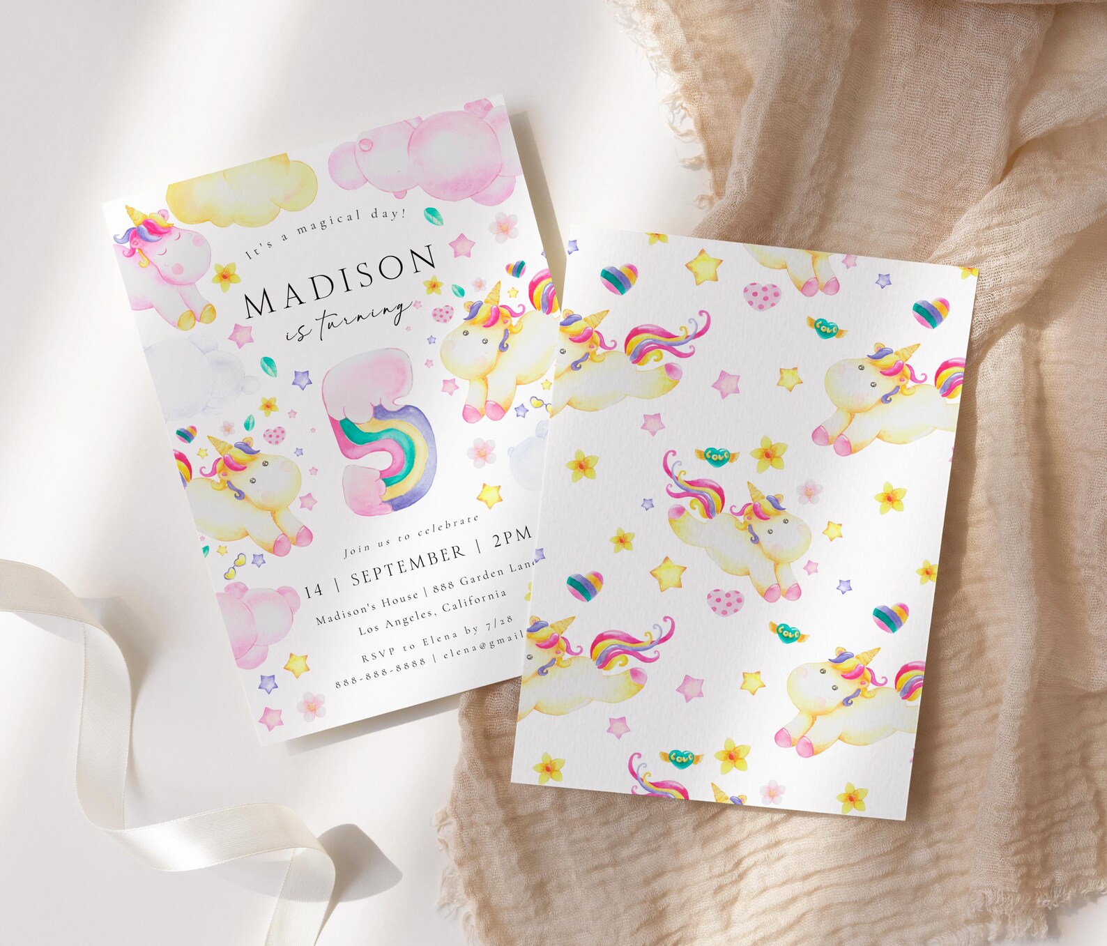 Editable Magical Day Unicorn 5th Birthday Invitation Template | Turning ...