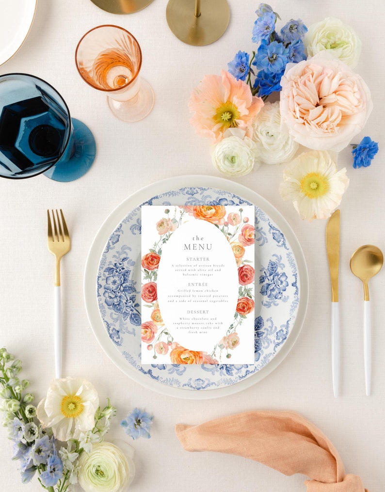 Editable Apricot Afternoon Orange & Red Floral Wedding Menu Event Menu ...