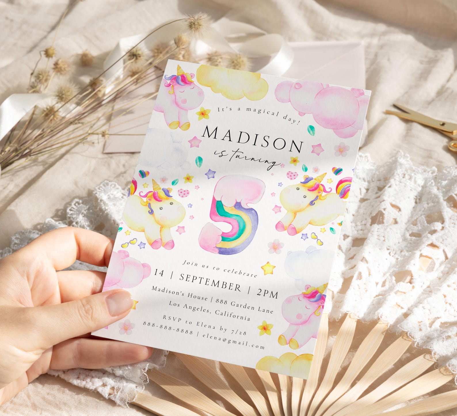 Editable Magical Day Unicorn 5th Birthday Invitation Template | Turning ...