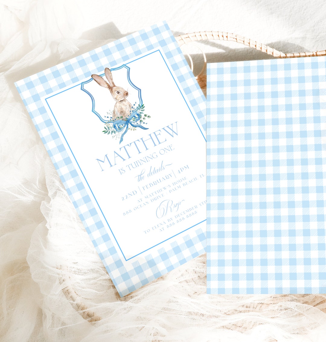 Editable Blue Crest Rabbit Turning 1 Baby Boy Birthday Invite Template ...