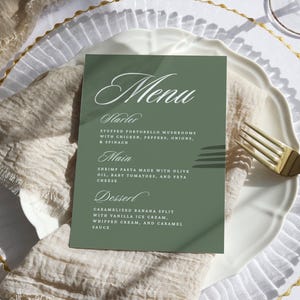 Editable Modern Forest Green Scripted Menu Bridal Shower Wedding Event ...