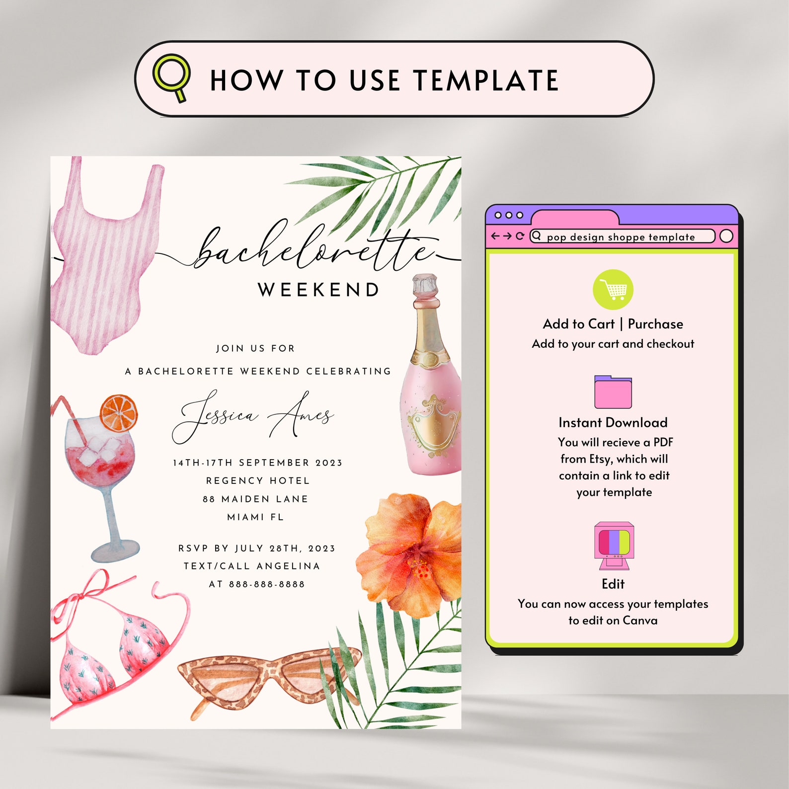 Tropical Getaway Bachelorette Party Invitation Template - Etsy