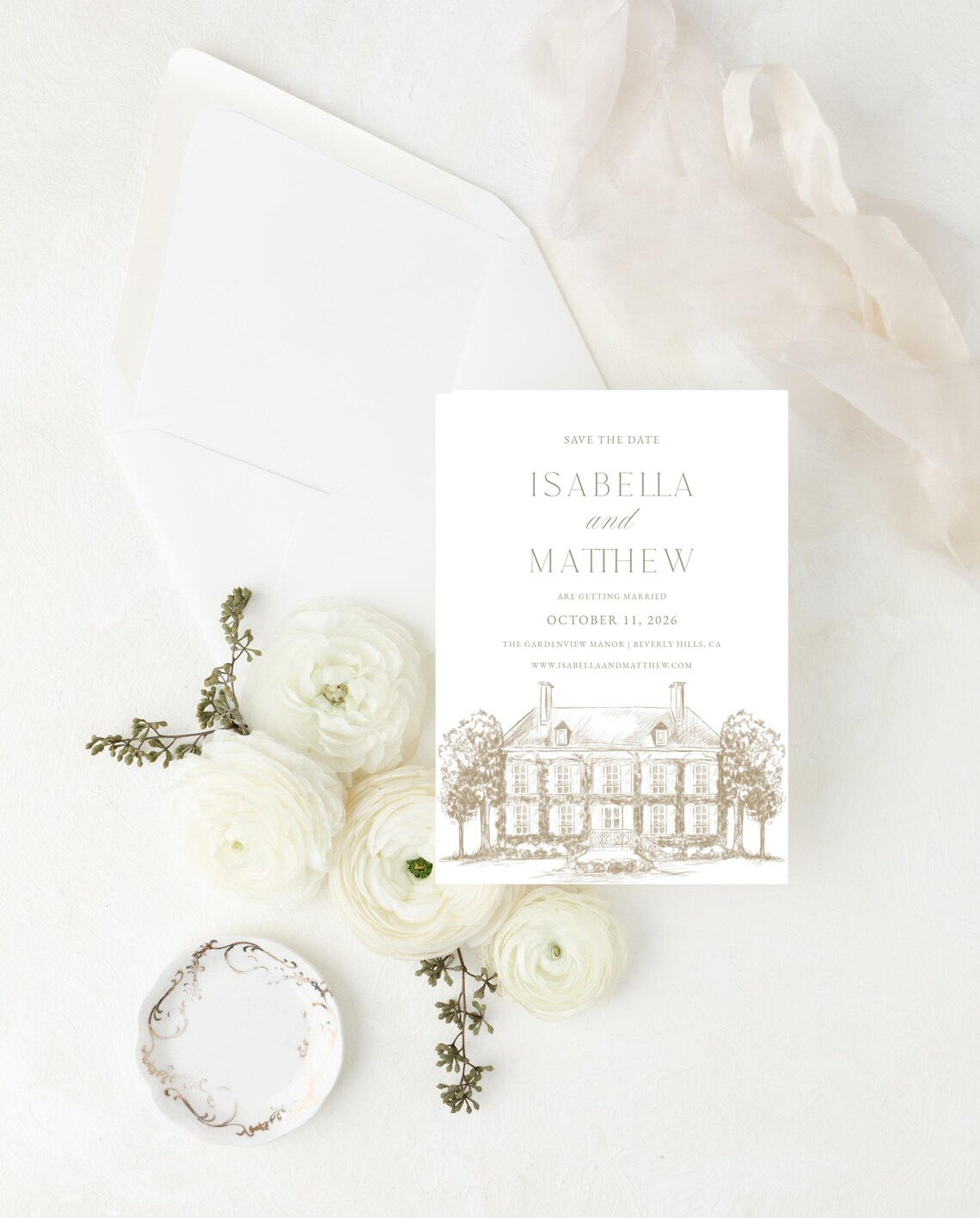 Editable Gold Venue Mansion Chateau Illustration Save the Date Wedding ...