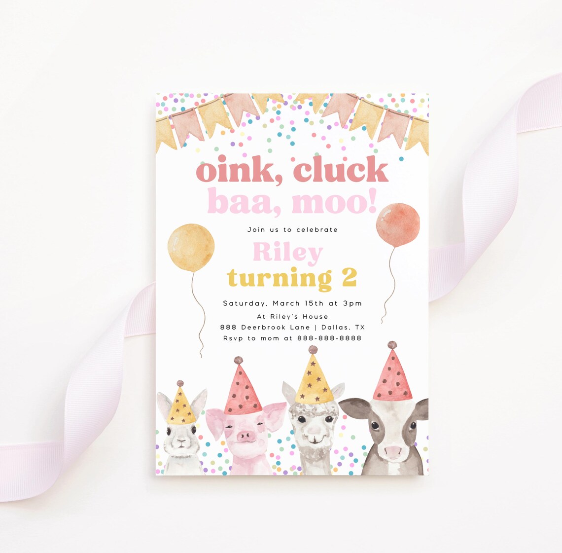 Editable Oink, Cluck, Baa Moo Farm Animals Birthday Invitation Template ...