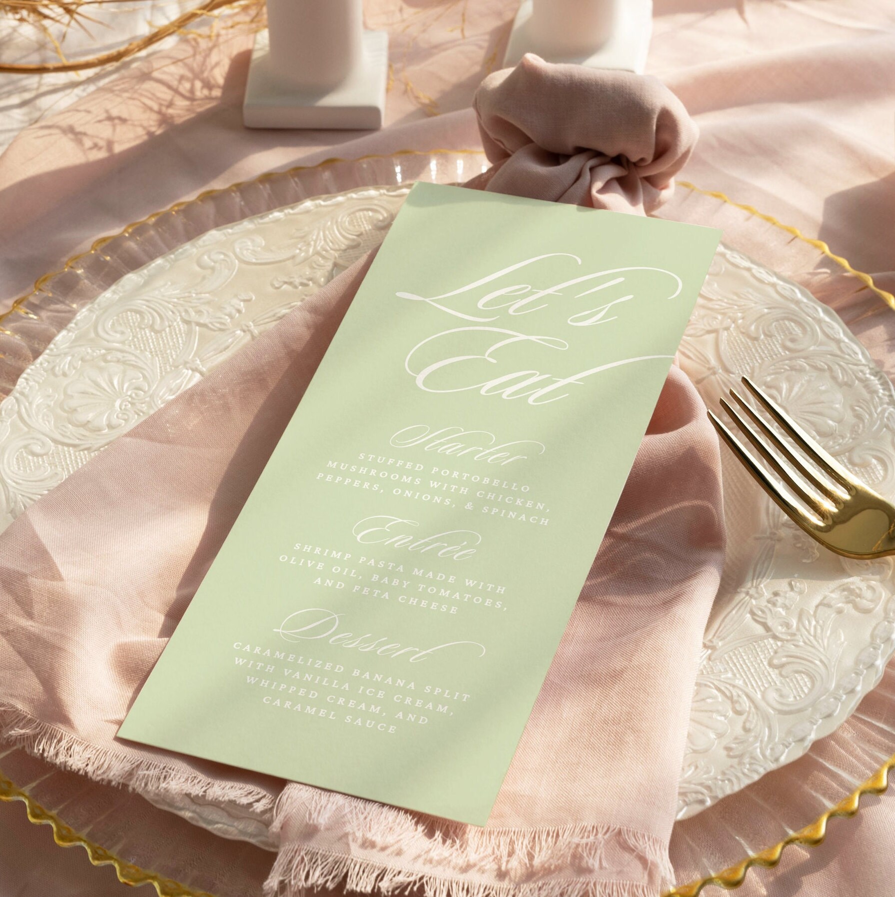 Editable Green Let's Eat Menu Event Menu Template Shabby Chic Floral ...