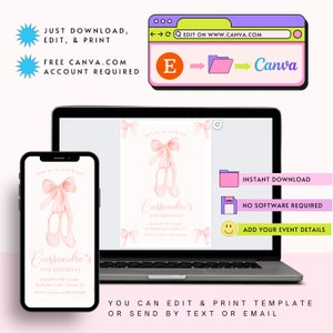 Editable Kids Birthday Invitation Slippers & Bows Pink Blush Invite ...