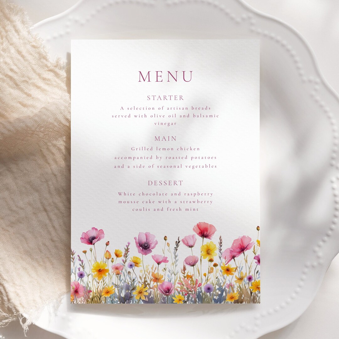 Editable Purple Floral Meadow Menu Bridal Shower Wedding Event Menu ...