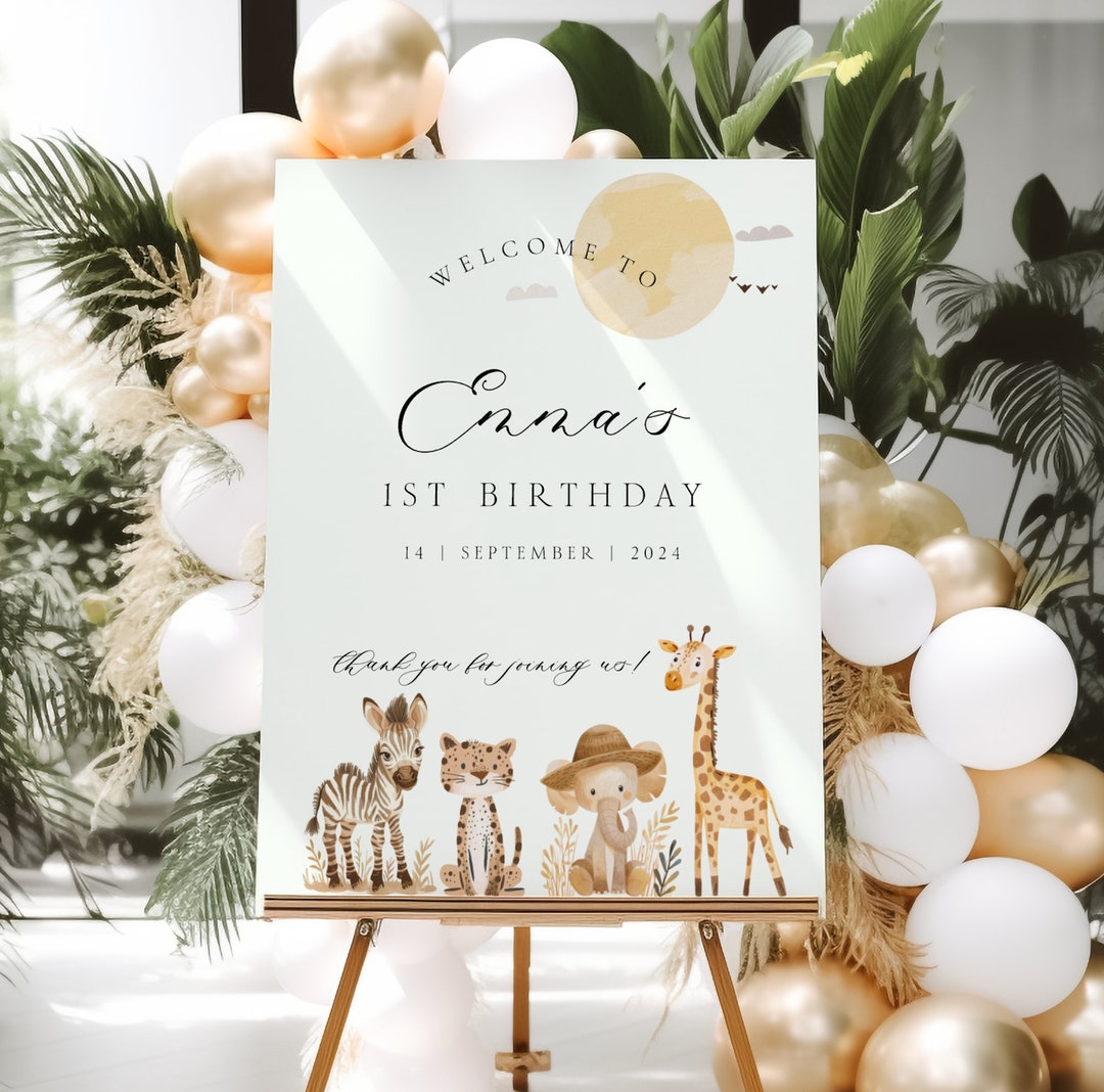 Editable Wild One Safari Kids Baby Birthday Welcome Sign Template ...