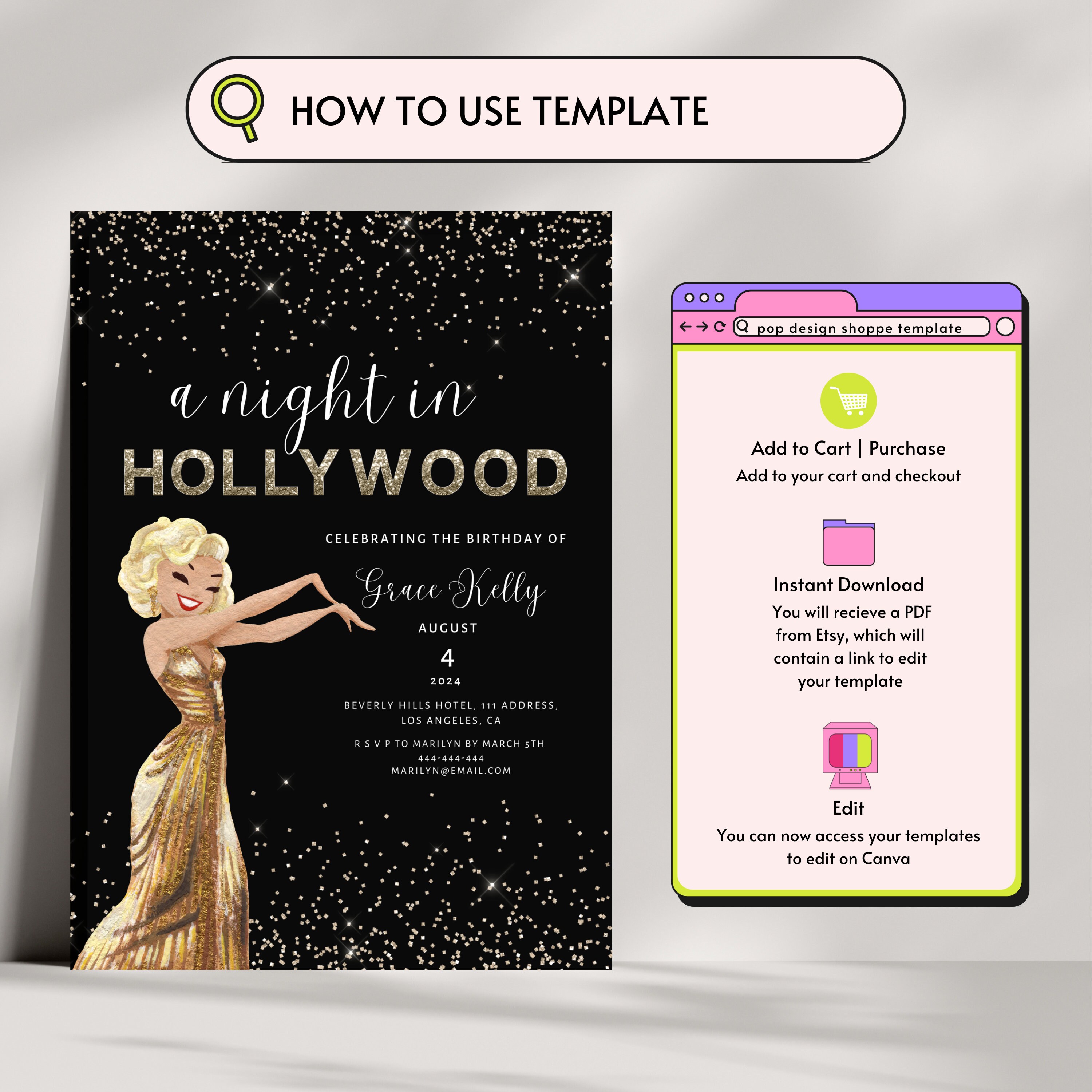A Night in Hollywood Birthday Party Invite, Old Hollywood Glitter ...
