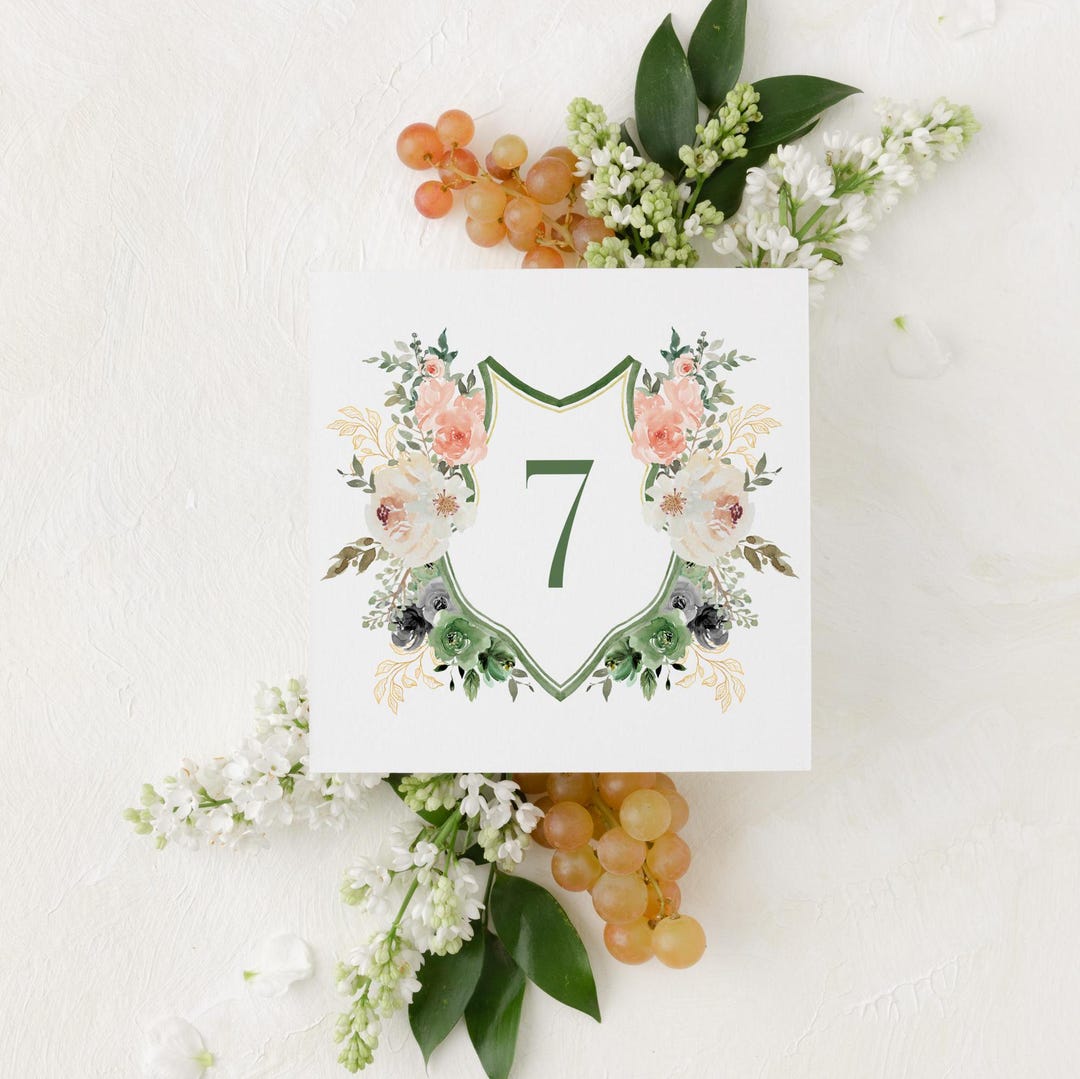 Editable Green Garden Watercolor Blush Peony Crest Floral Wedding Table ...