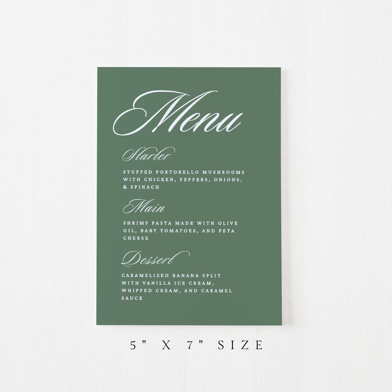 Editable Modern Forest Green Scripted Menu Bridal Shower Wedding Event ...
