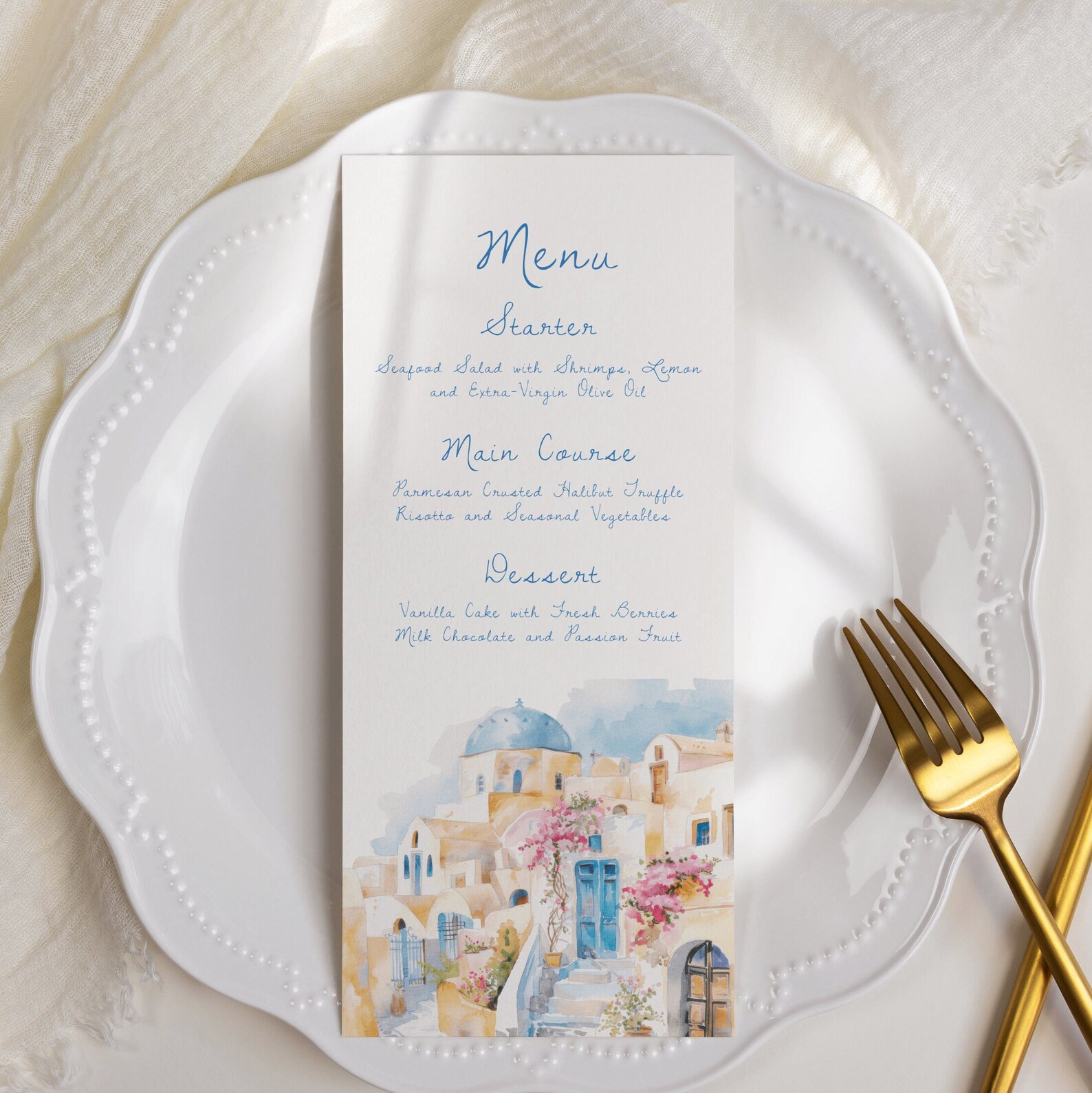 Editable Mediterranean Inspired Single Sided Coastal Town Wedding Event Menu Template Printable ...