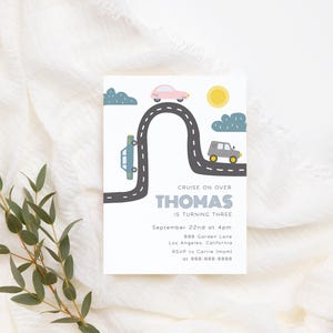 Editable Cars Travel Transportation Road Birthday Invitation Template ...