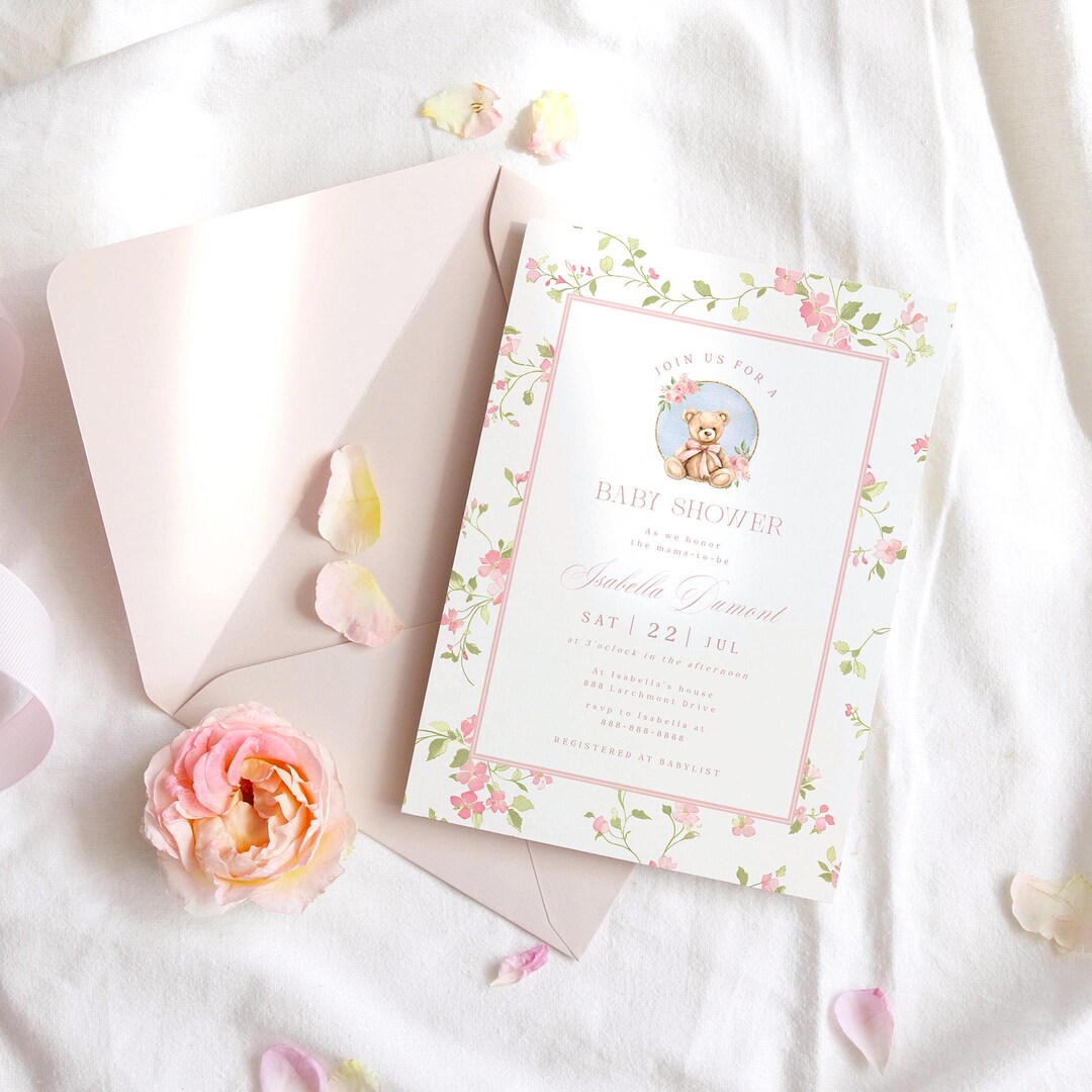 Editable Baby Shower Pink Chinoiserie Bear Toile 5x7 Template ...