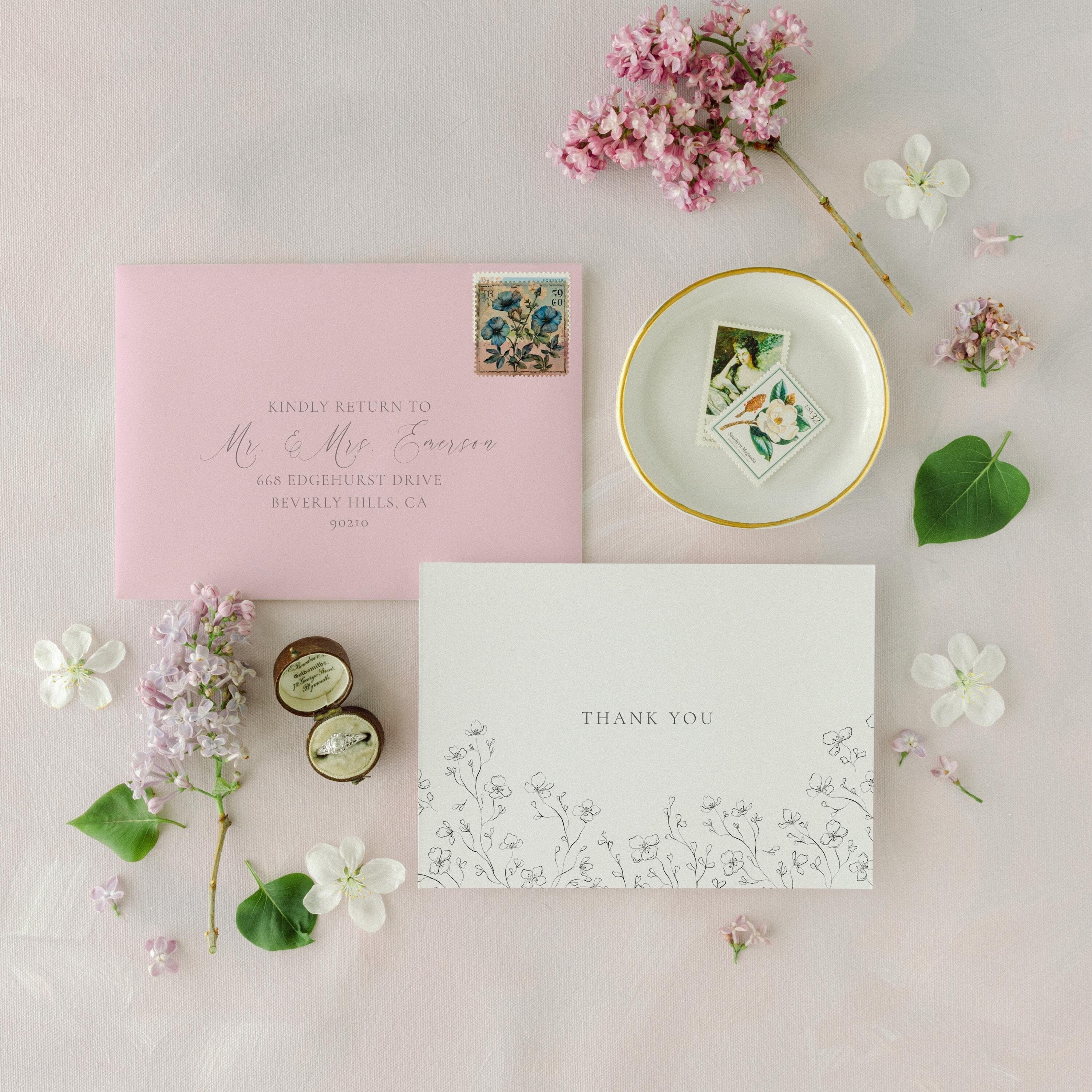 Editable Floral Chinoiserie Floral Wedding Thank You Custom Note Cards ...