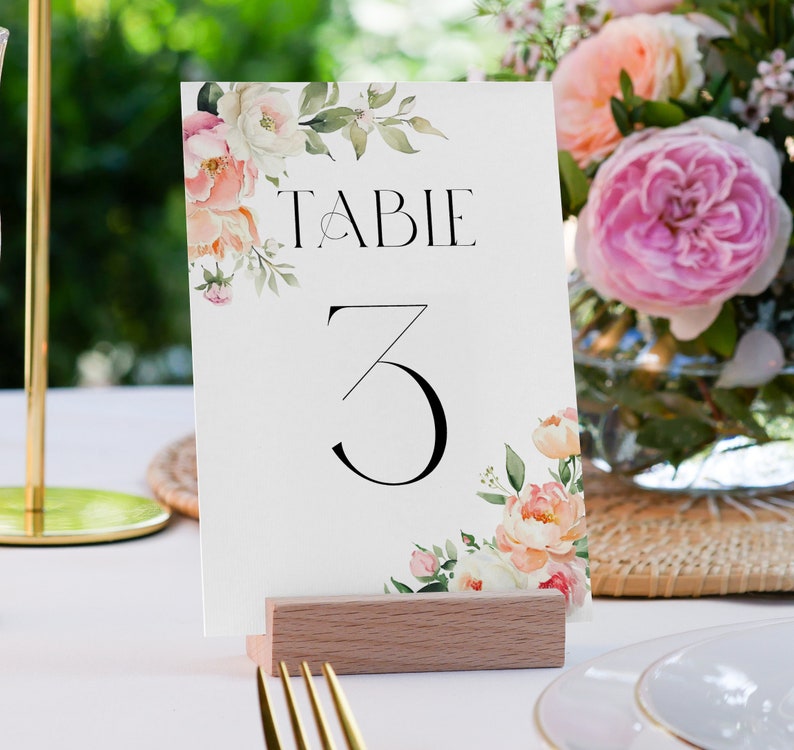 Editable Modern Blush Peach Floral Table Number Template Roses Flowers ...