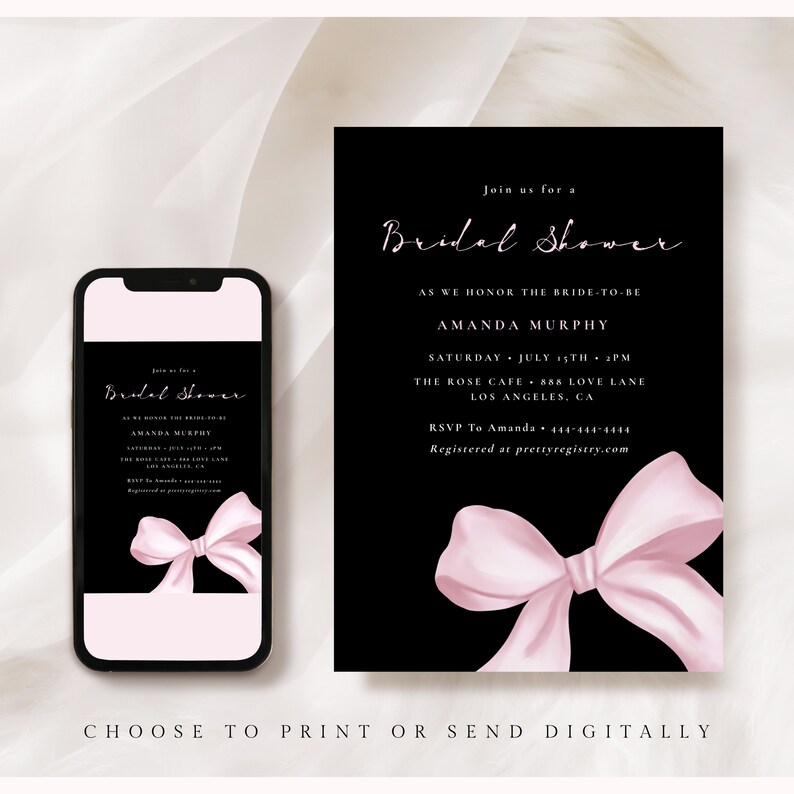 Editable Pink & Black Bow Bridal Shower Invitation Template Cursive ...