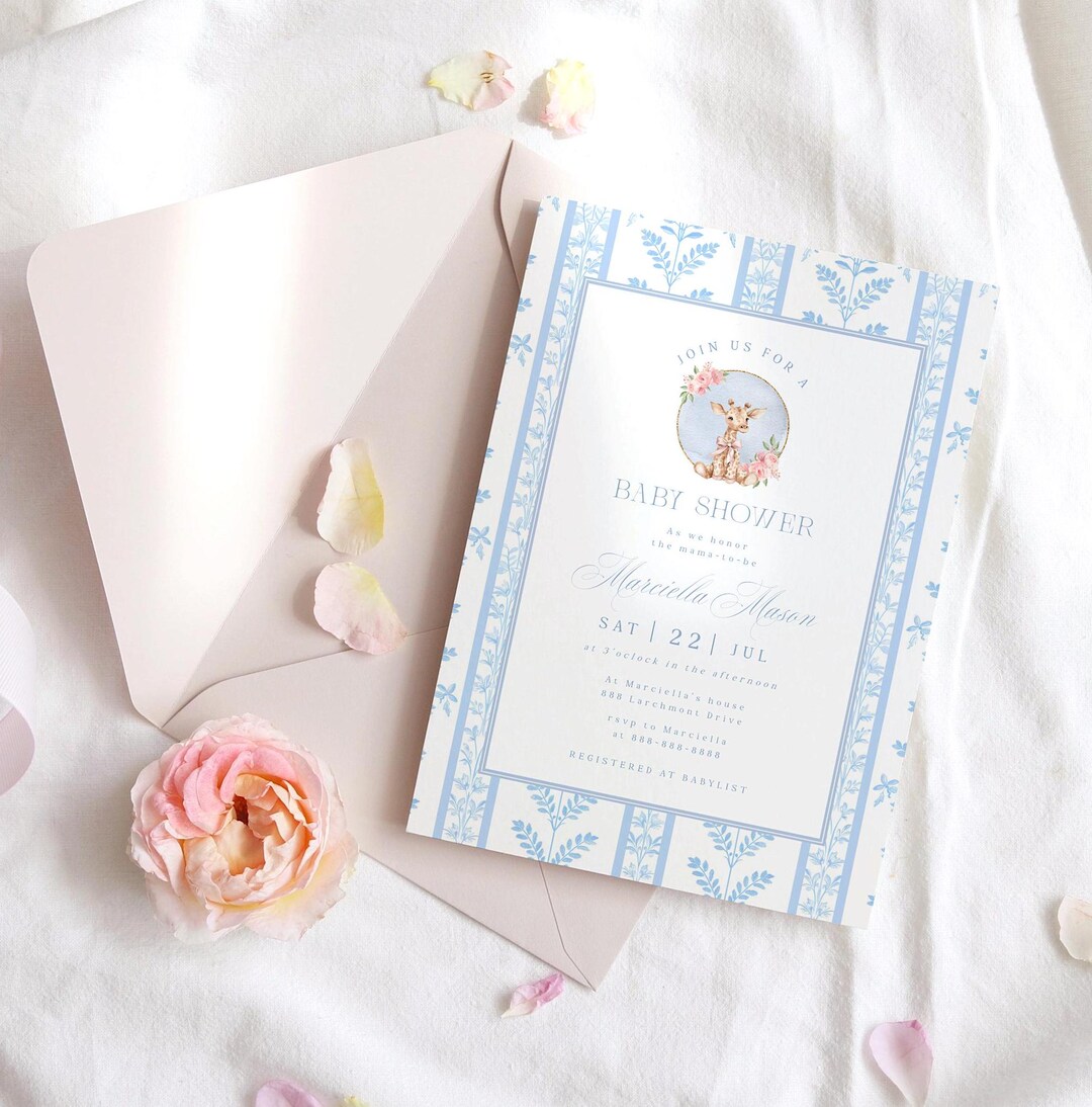 Editable Baby Shower Blue Chinoiserie Giraffe Toile 5x7 Template ...