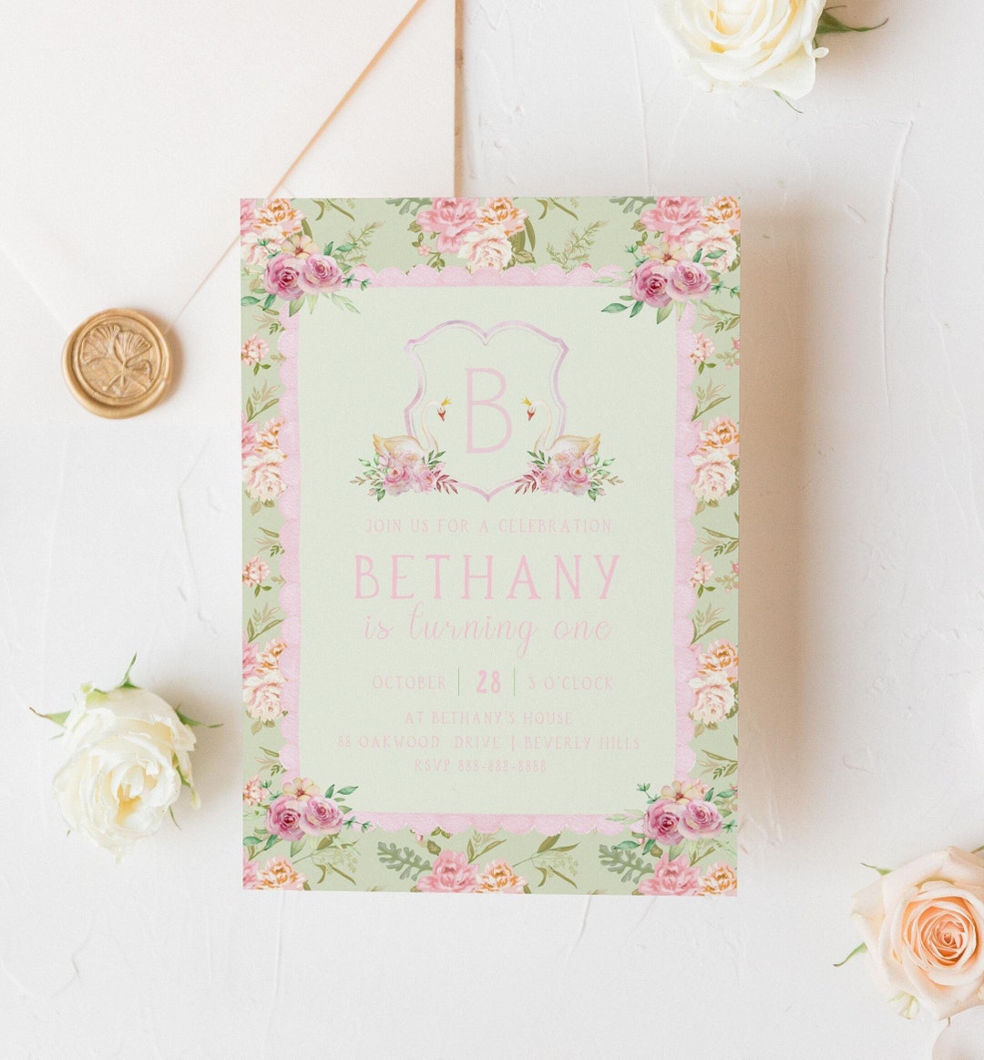 Editable Pink Swan Rose Crest Turning One Baby Girl Birthday Invite ...
