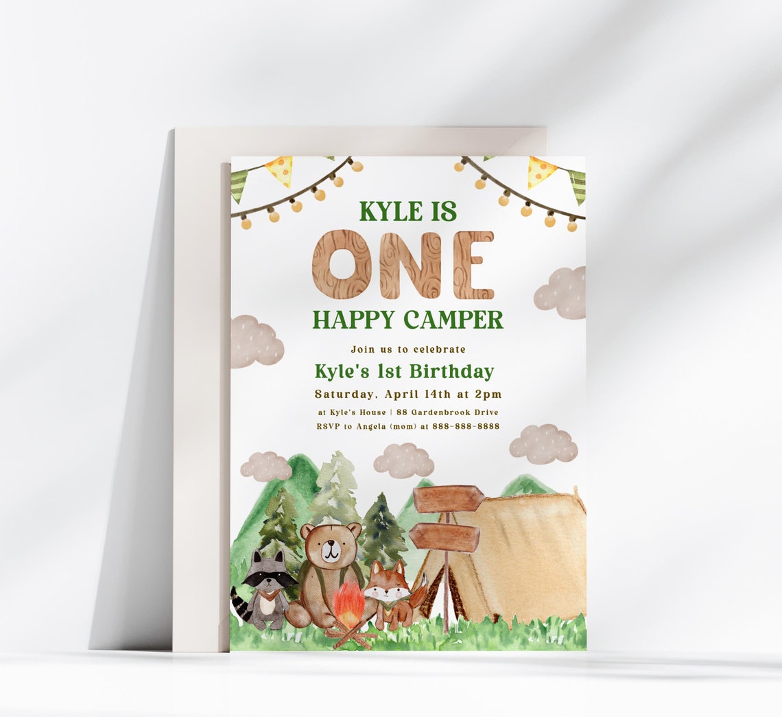 One Happy Camper Birthday Invitation Template | Camping 1st Birthday ...