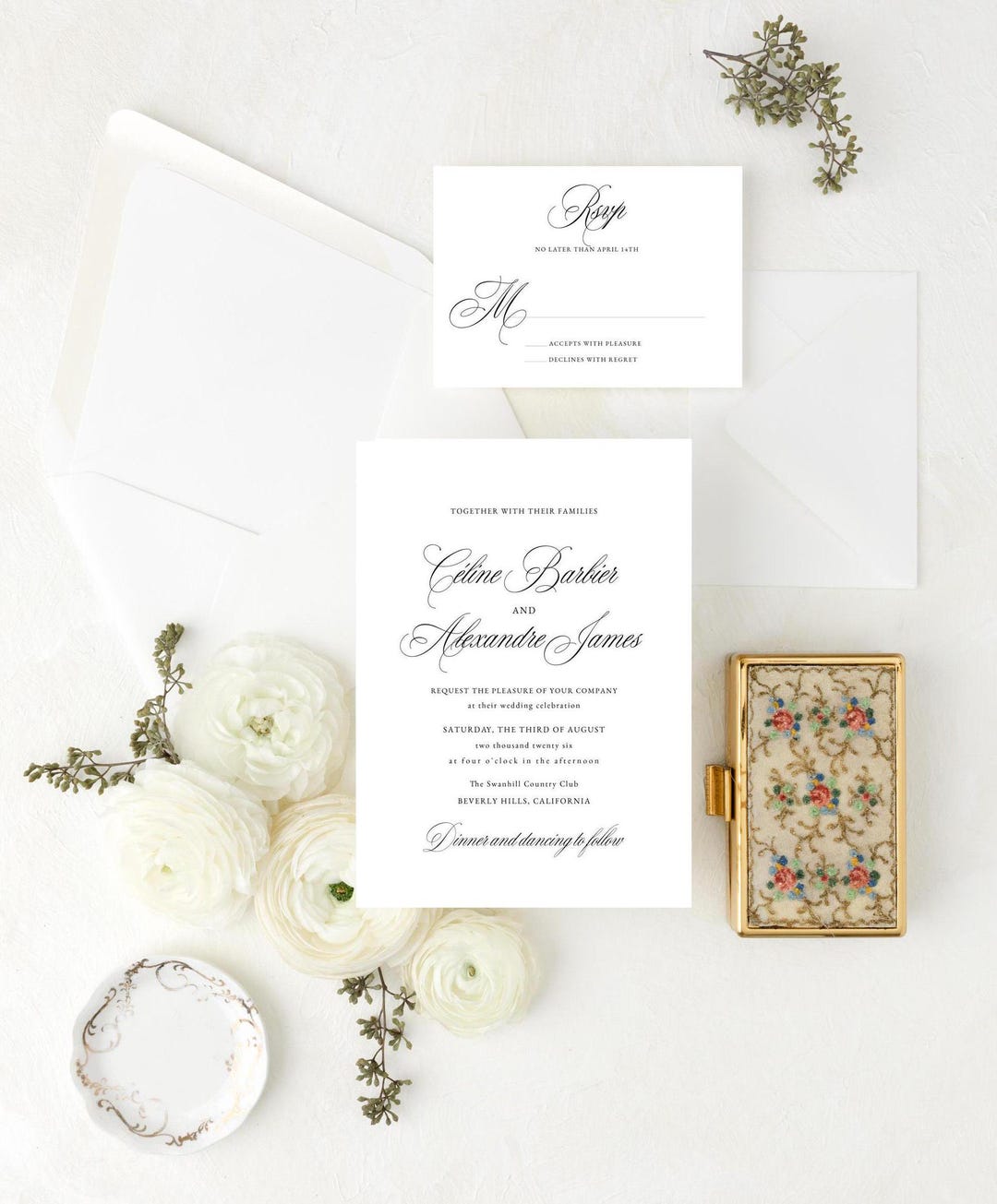 Editable Céline Modern Black & White Script Wedding Suite Invitation ...
