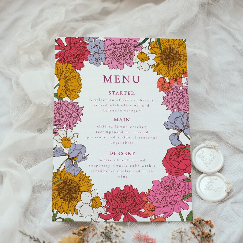 Editable Retro Pastel Blooms Floral Menu Bridal Shower Wedding Event ...