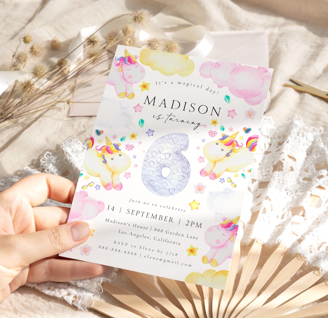 Editable Magical Day Unicorn 6th Birthday Invitation Template | Turning ...