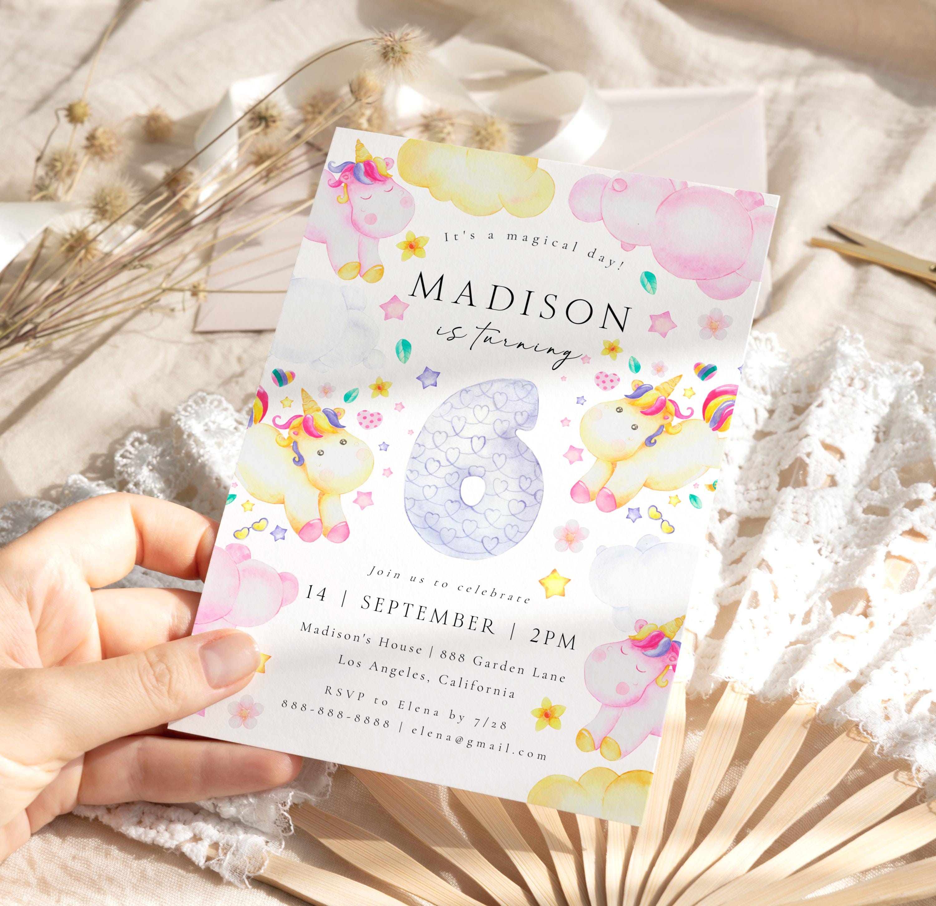 Editable Magical Day Unicorn 6th Birthday Invitation Template | Turning ...