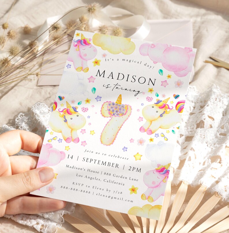 Editable Magical Day Unicorn 7th Birthday Invitation Template | Turning ...