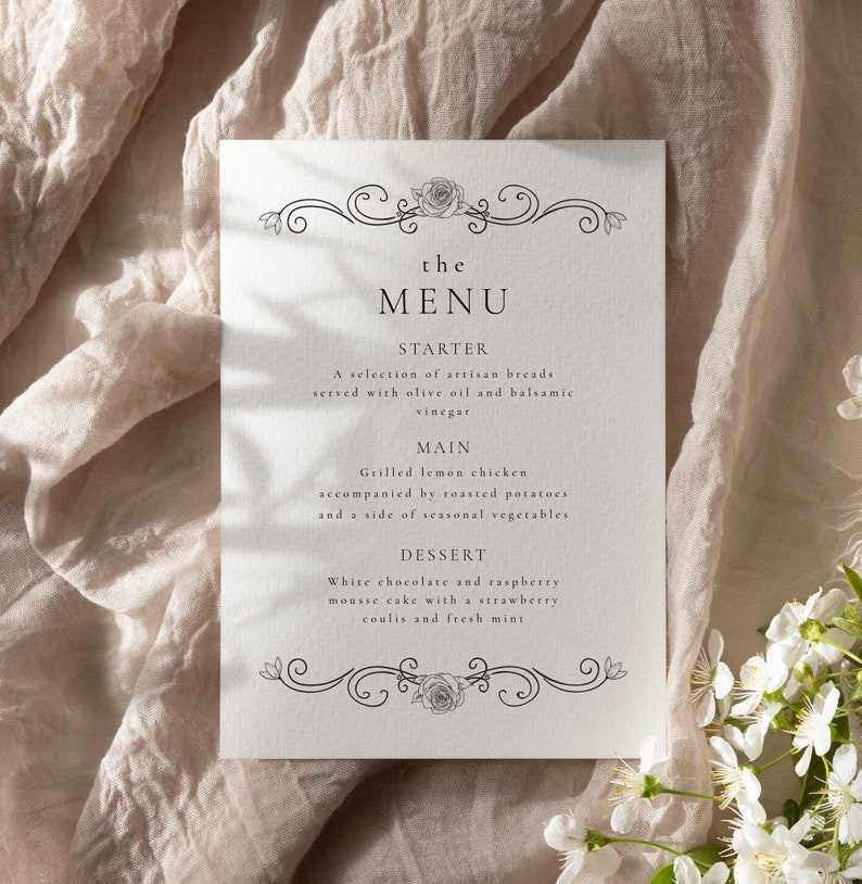 Editable Modern Black & White Floral Border Menu Bridal Shower Wedding ...