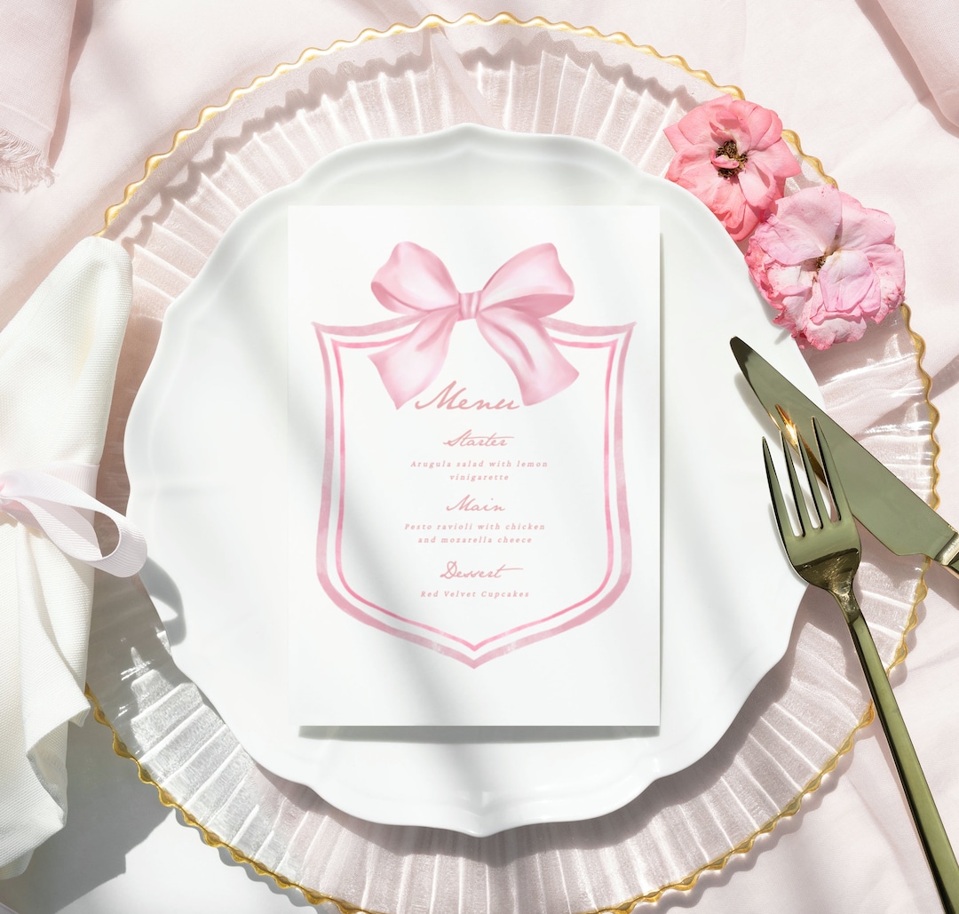 Editable Blush Pink Bow Crest Script Calligraphy Menu Template Eleanor ...