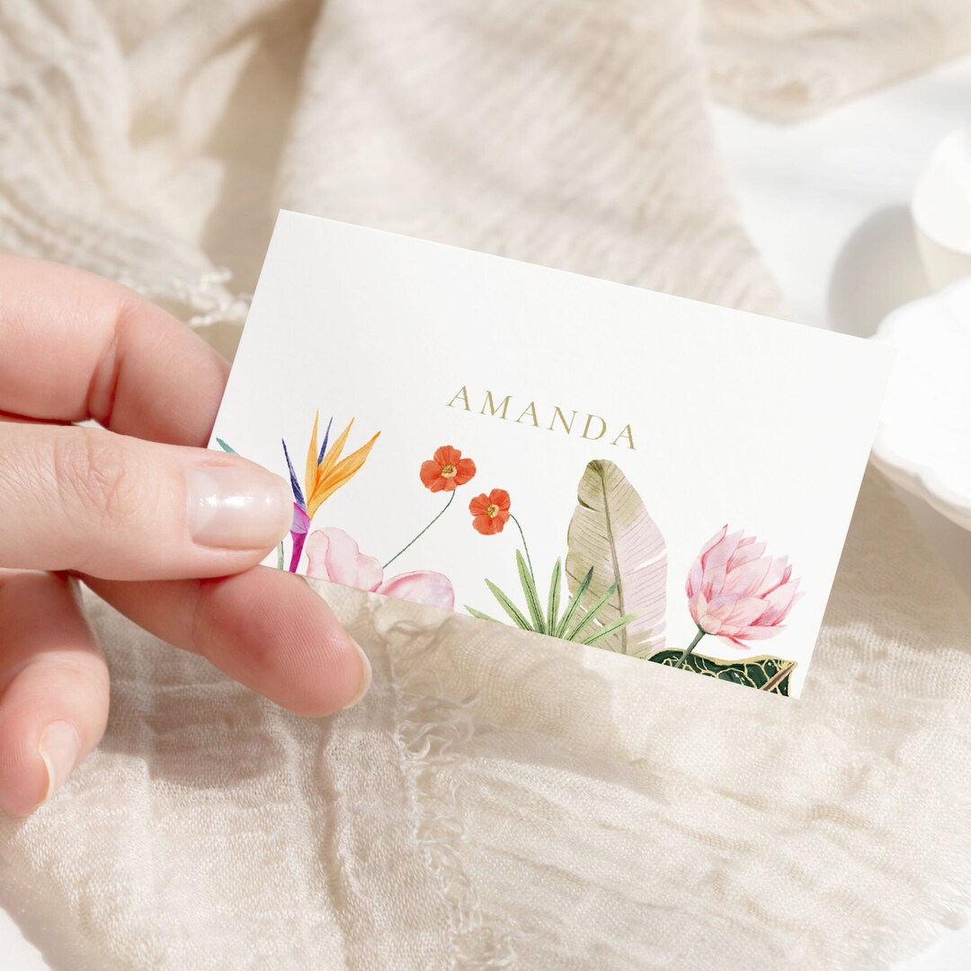 Editable Tropical Floral Name Place Cards 3.5 X 2 Beach Plants Flowers ...