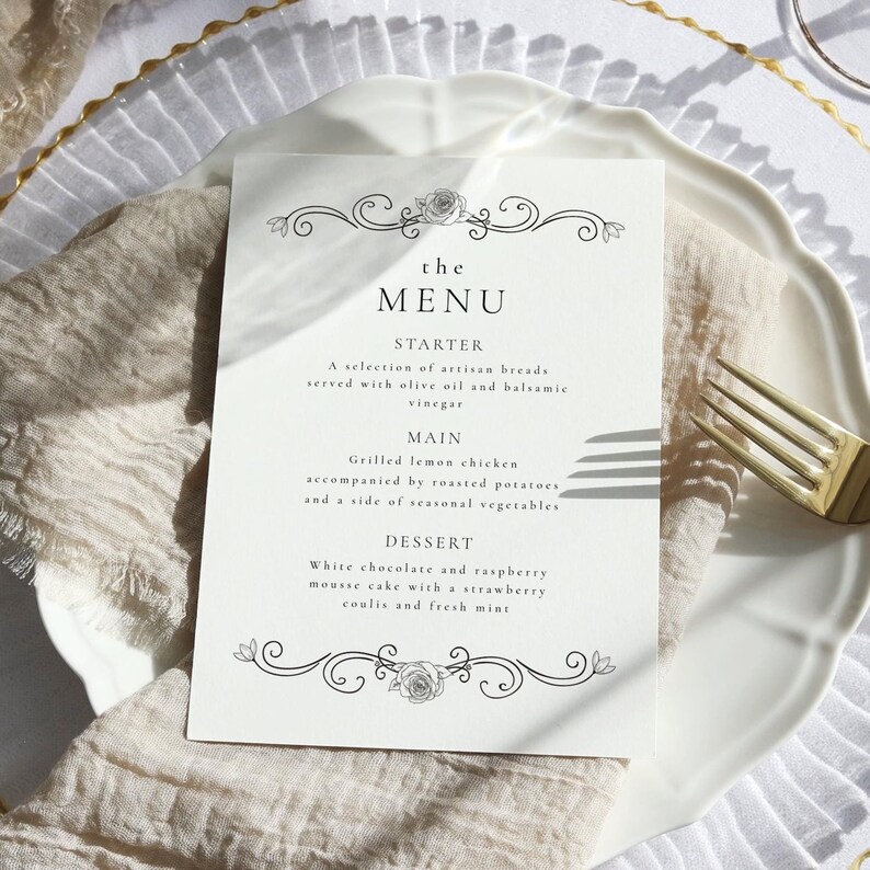 Editable Modern Black & White Floral Border Menu Bridal Shower Wedding ...